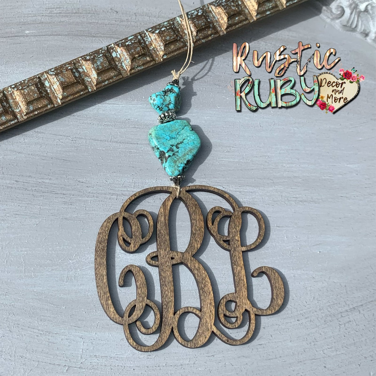 Wooden Monogram Charm With Accessories – Rustic Ruby Decor & More